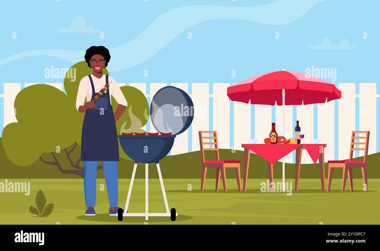Black woman cooking barbeque on backyard. BBQ party. Grilling meat and ...