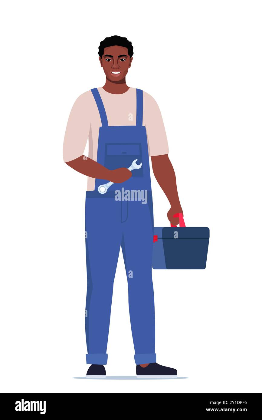 African American black repairman or mechanic with a toolbox. Man ...