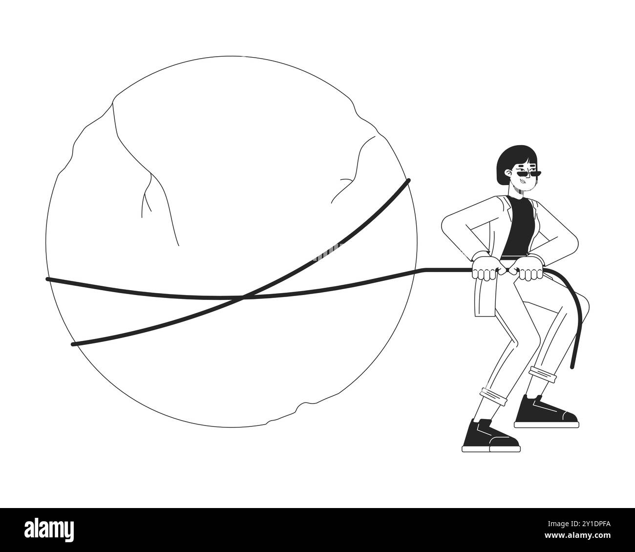 Decisive asian businesswoman pulling huge rock 2D linear cartoon ...