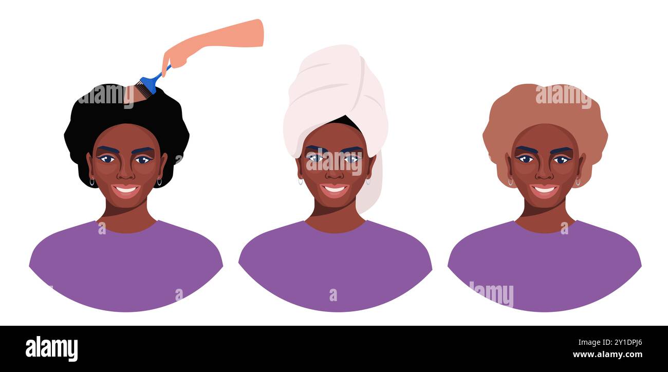 Steps of hair coloring process for black woman at home. Brunette ...