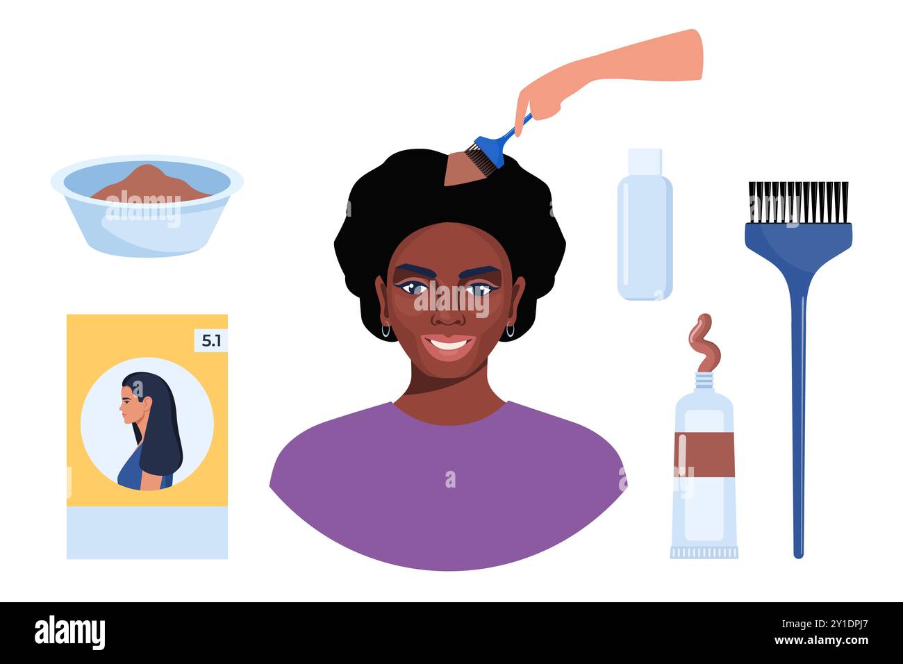 Hair coloring process and elements. Hair dye, brush, comb, bowl, gloves ...