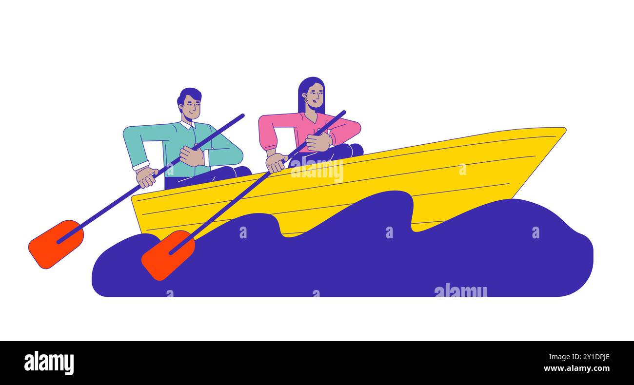 Colleagues rowing boat across rough sea 2D linear cartoon characters ...