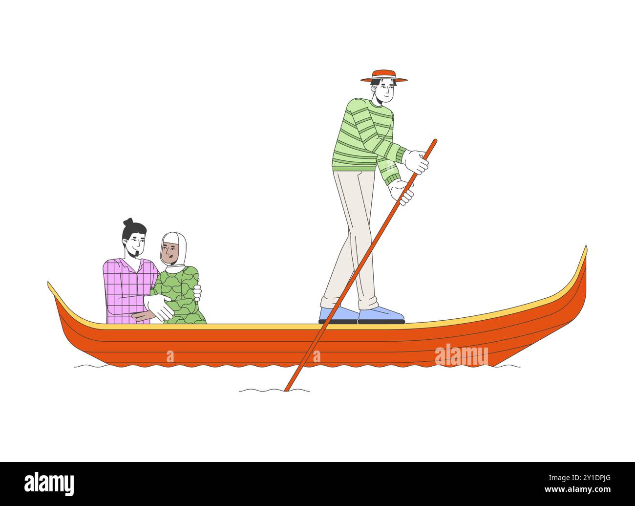 Venice gondolier rowing gondola with mixed race couple 2D linear ...