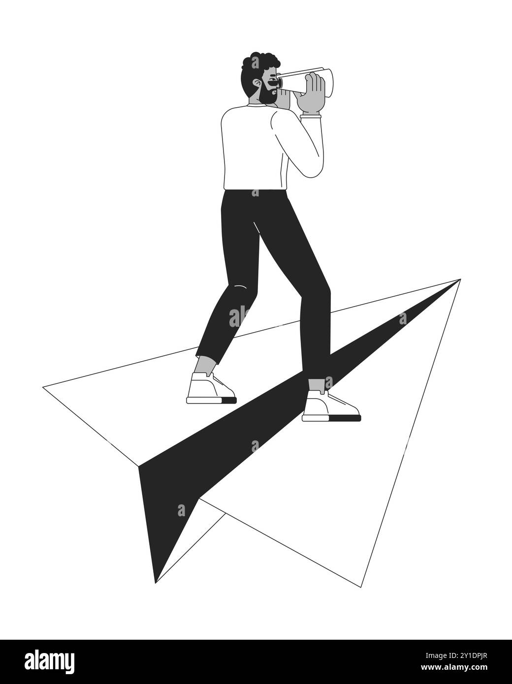 African american man with binoculars on paper plane 2D linear cartoon ...