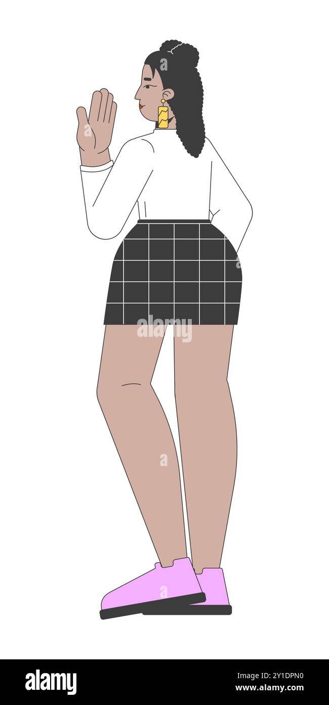 Curvy hispanic young woman covering mouth in surprise 2D linear cartoon ...