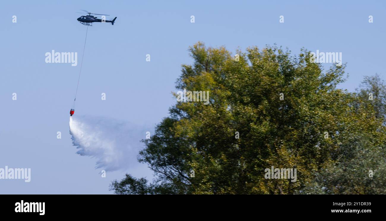 Bleckede, Germany. 06th Sep, 2024. A civilian helicopter drops ...