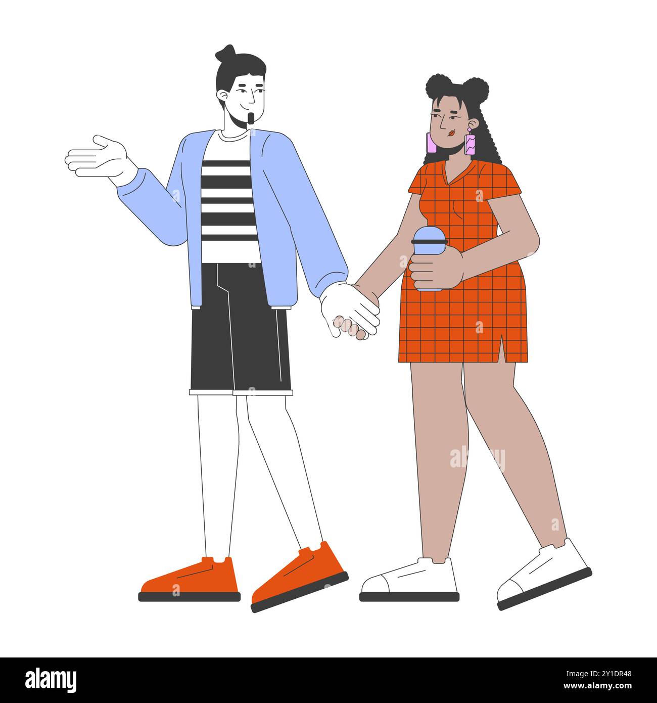 Diverse couple walking together 2D linear cartoon characters Stock ...