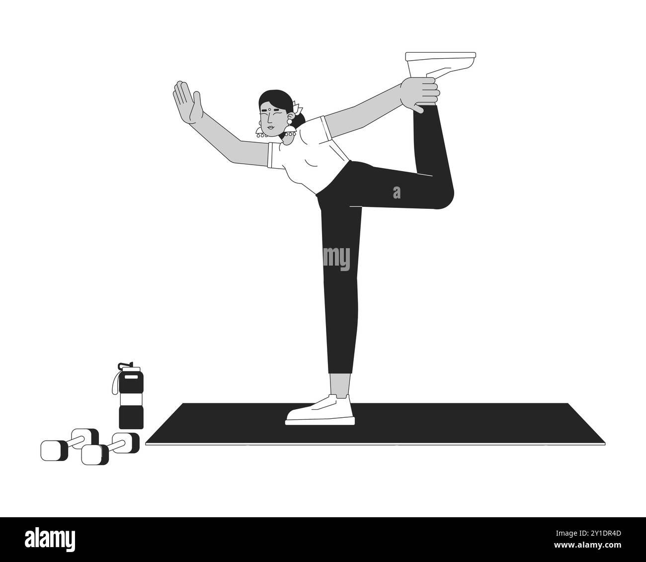 Flexible indian woman doing yoga black and white 2D line cartoon ...