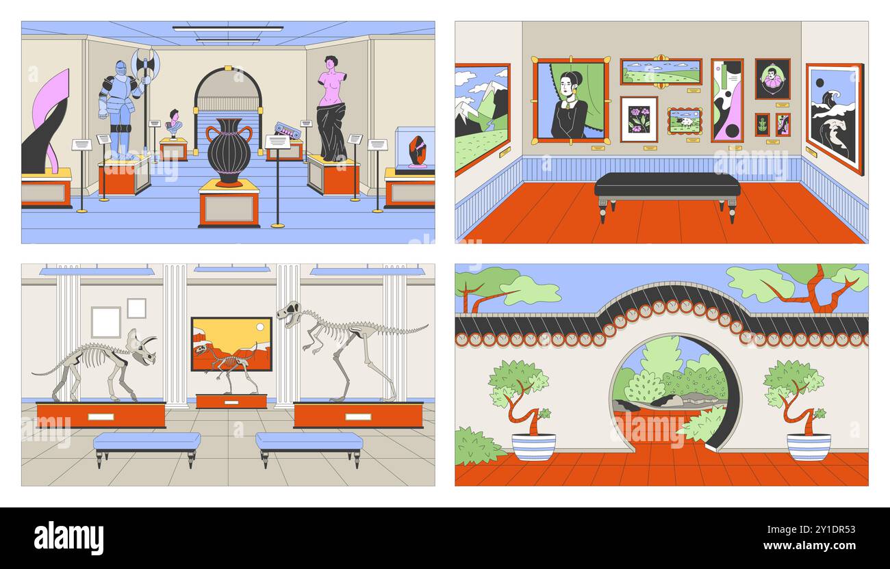 Museums art galleries cartoon flat illustrations set Stock Vector Image ...