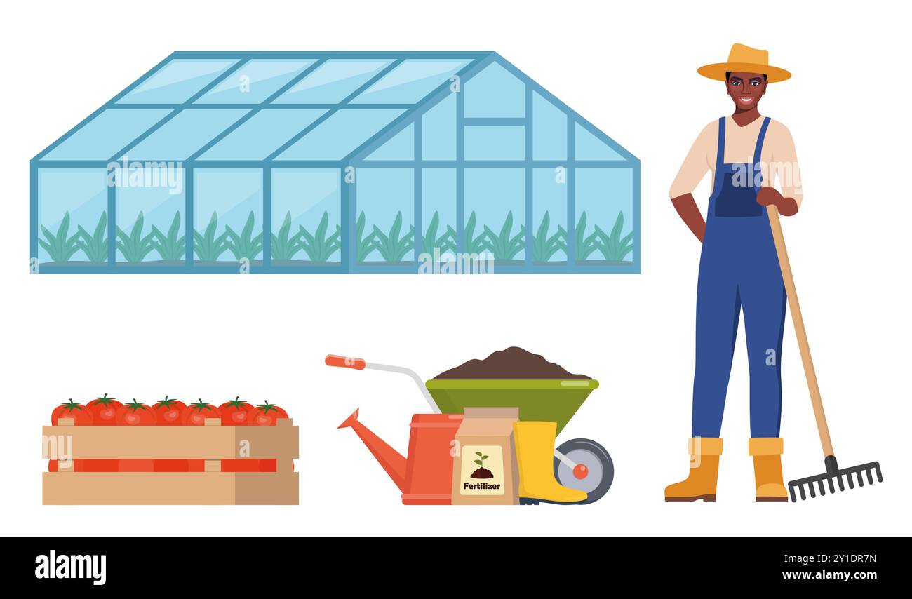 African American farmer woman character and different farm elements ...