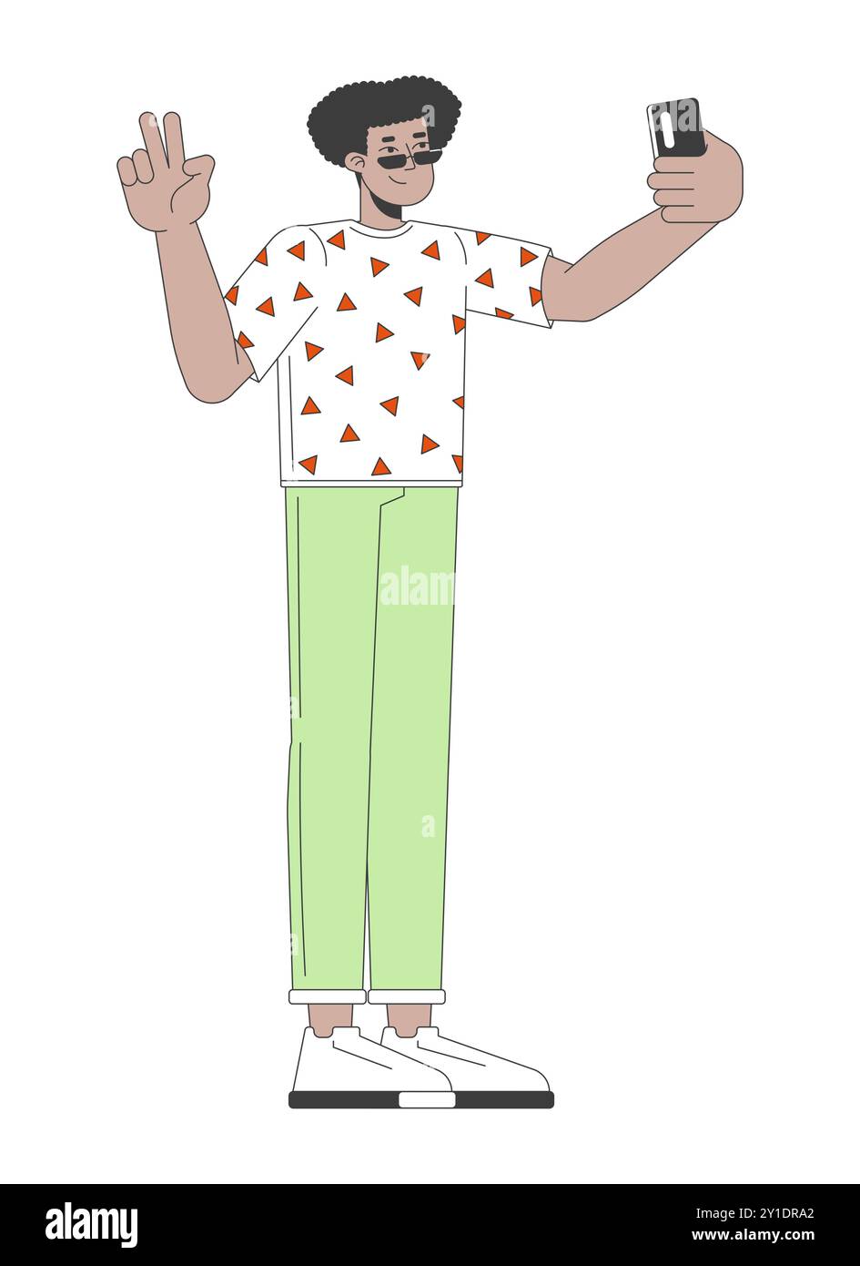 Hispanic young man posing for selfie 2D linear cartoon character Stock ...