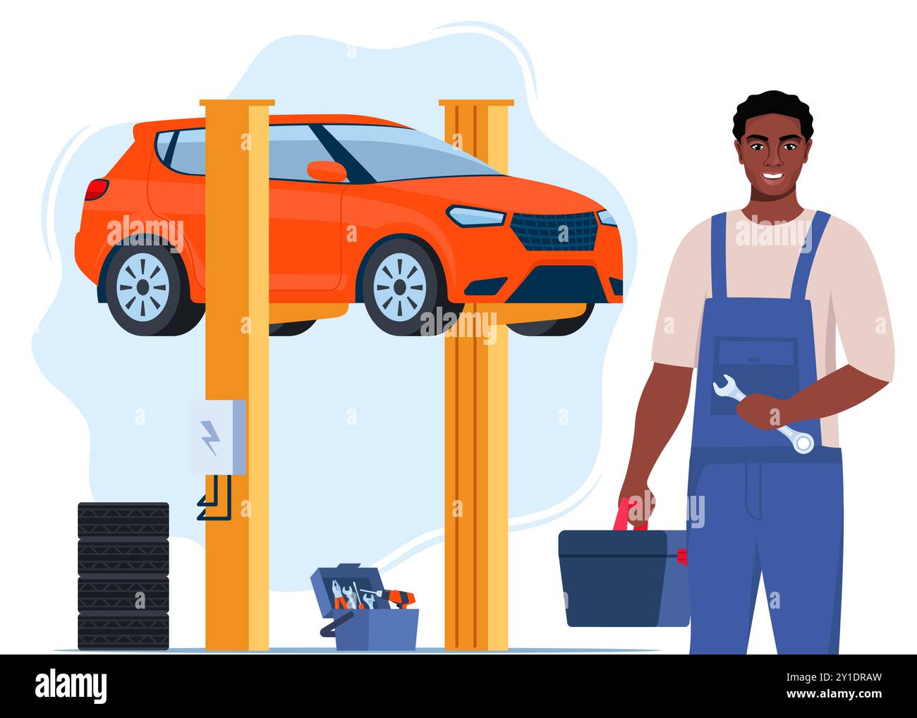 Car repair. Auto mechanic near the car lifted on autolifts. Vector ...