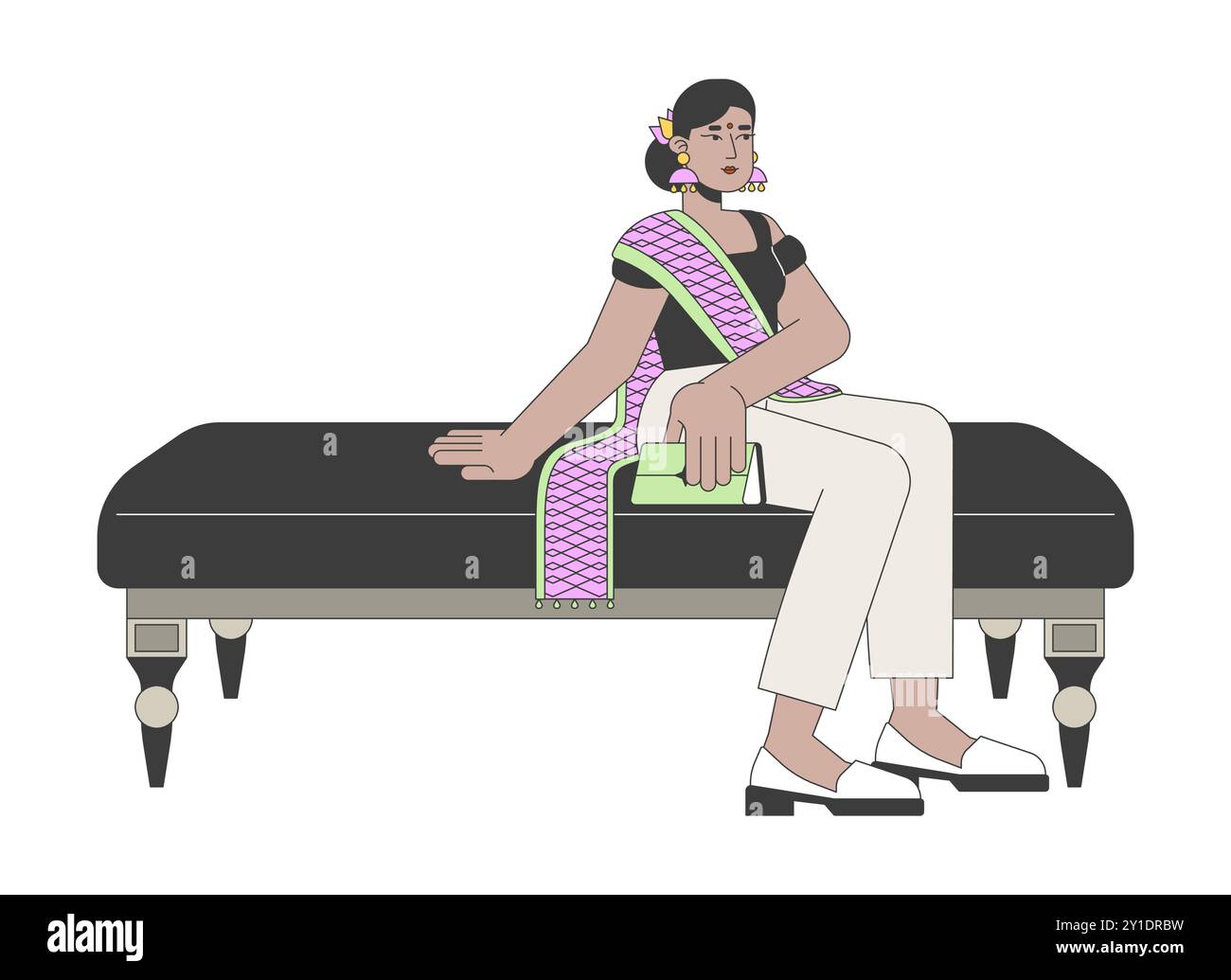 Hindu woman taking rest on museum seating 2D linear cartoon character ...