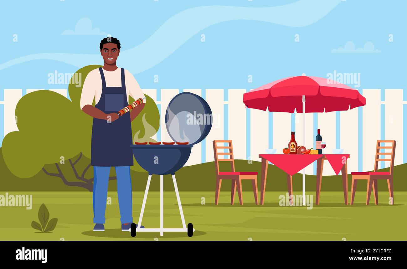 Black man cooking barbeque on backyard. BBQ party. Grilling meat and ...