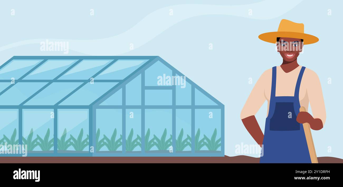 African American farmer and greenhouse. Farming plant cultivation ...