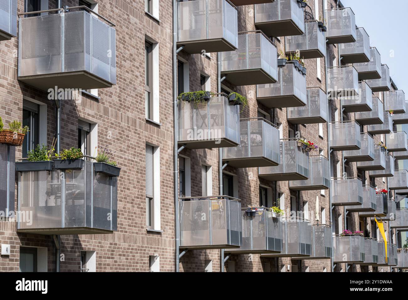 Apartment building with many small balconies seen in Berlin, Germany ...