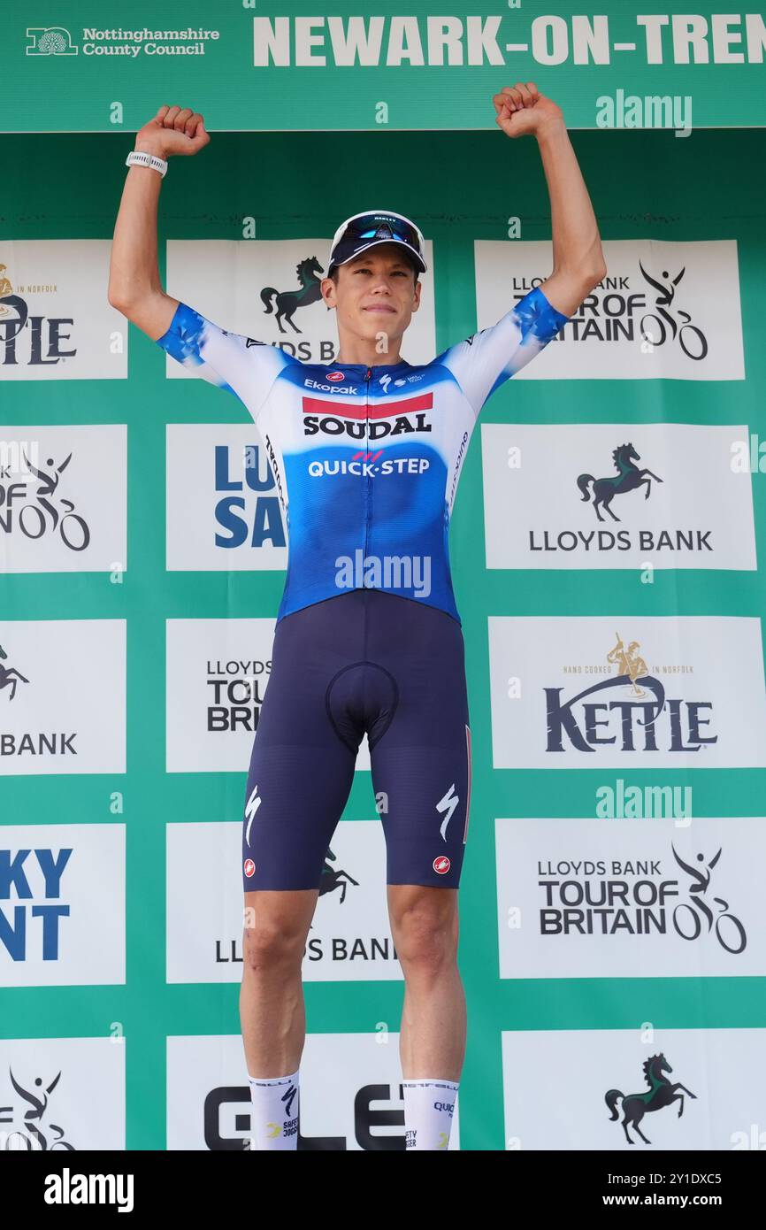 Paul Magnier of team Soudal Quick-Step celebrates on podium after ...