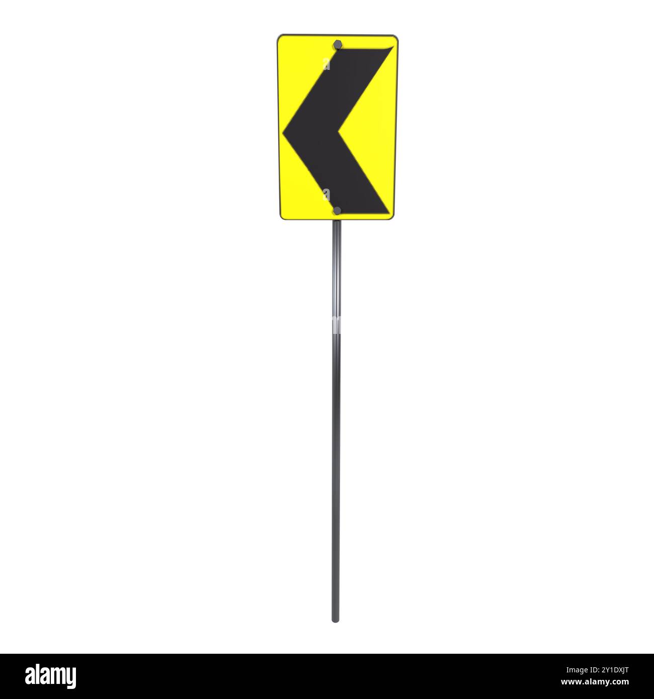 A bright yellow warning sign indicates a sharp turn to the left on a ...