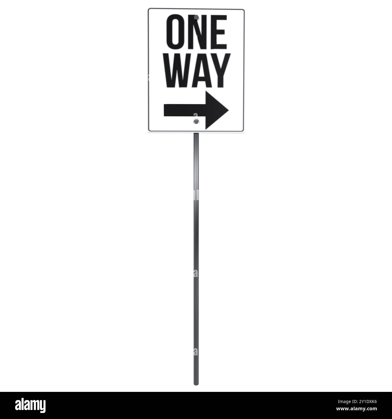 A one-way traffic sign indicates direction on a road in a clear display ...