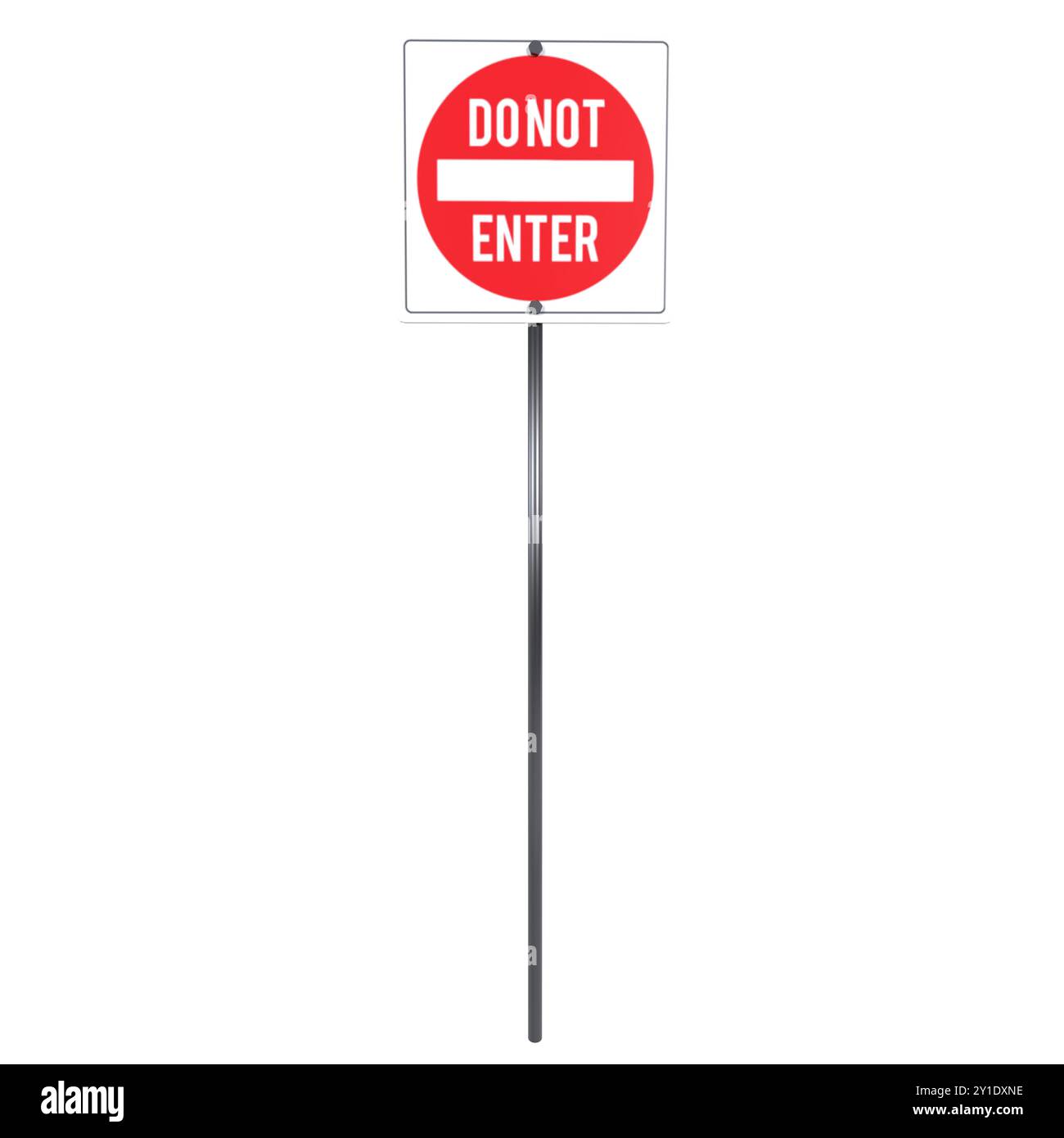 A tall red and white do not enter sign on a black pole indicates ...
