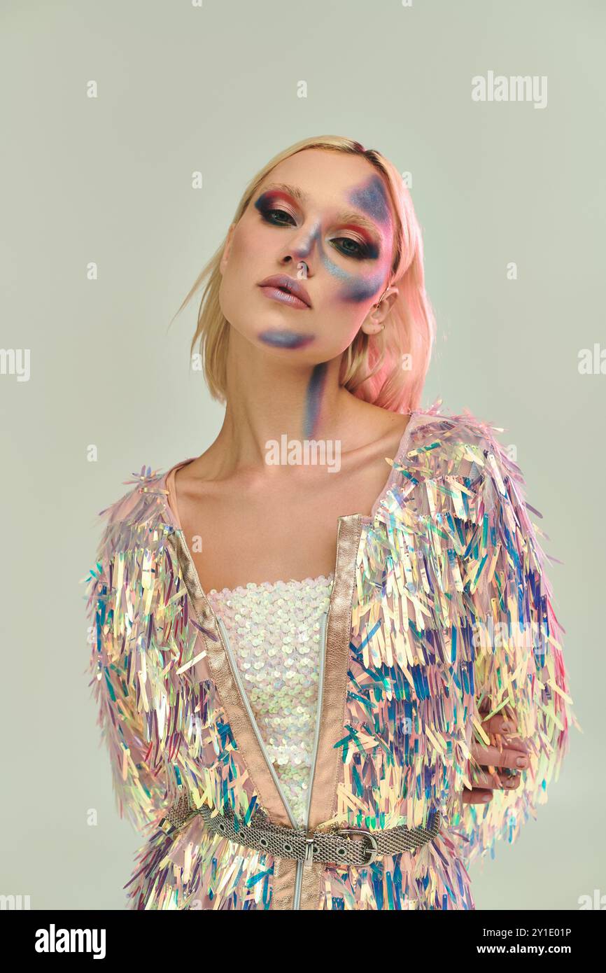 A beautifully dressed young woman showcases unique holographic fashion ...