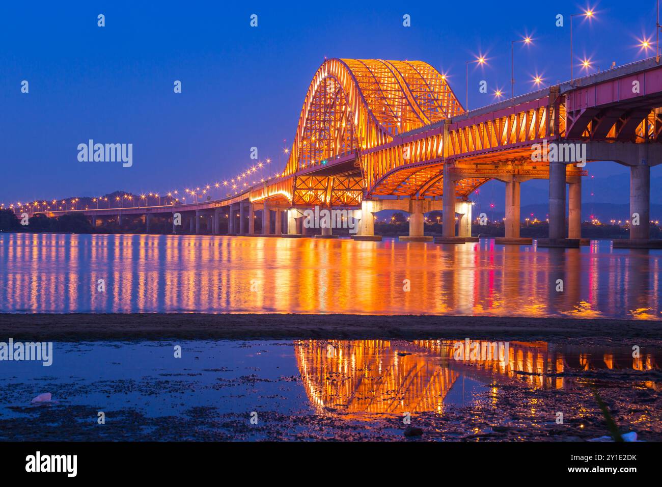 Banghwa Bridge at night, a bridge over the Han River in Seoul, South ...