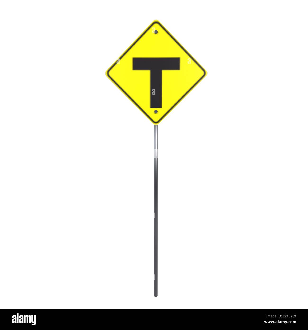 A bright yellow T intersection warning sign stands alone in a clear ...