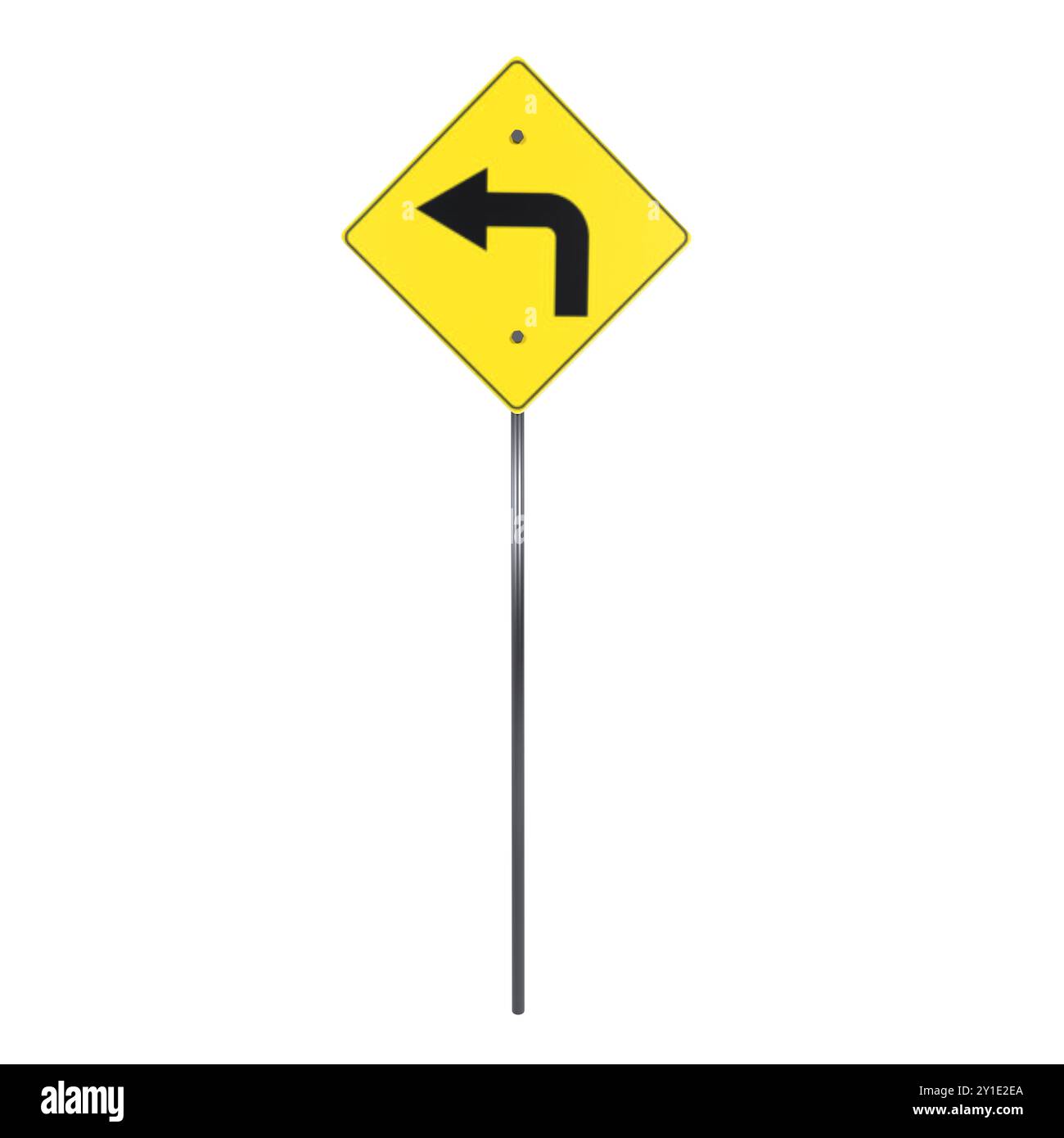 A bright yellow road sign displaying a left turn symbol on a metal pole ...