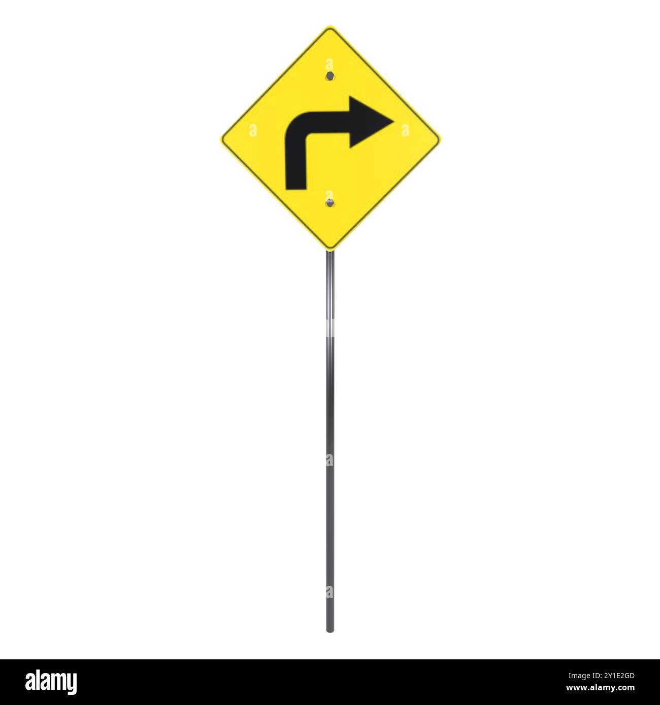 A bright yellow sign indicating a right turn along a road setting Stock ...
