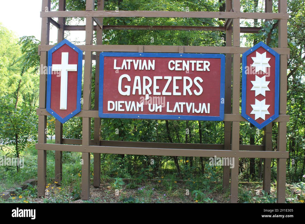 Entrance sign to Garezers Latvian Center in Three Rivers, Michigan ...