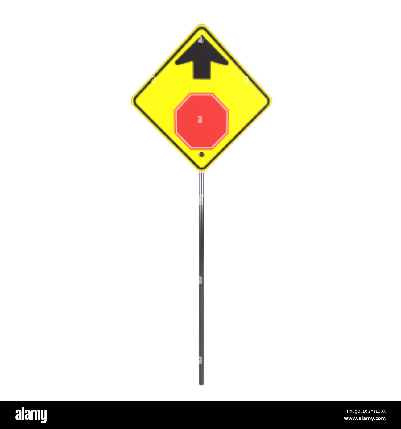 A bright yellow diamond sign has a red stop symbol beneath an upward ...