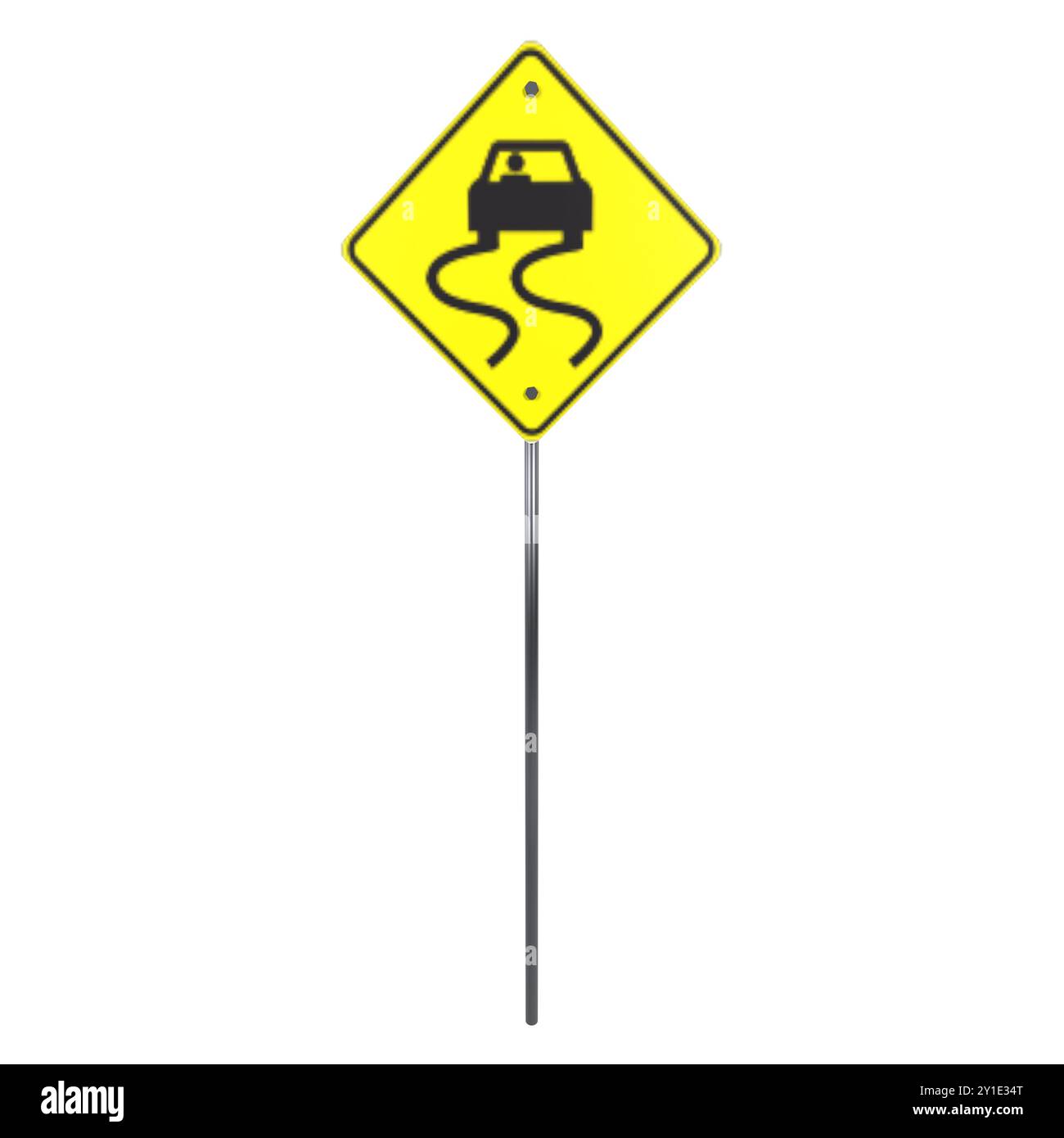 A bright yellow caution sign warns drivers of a slippery road ahead ...
