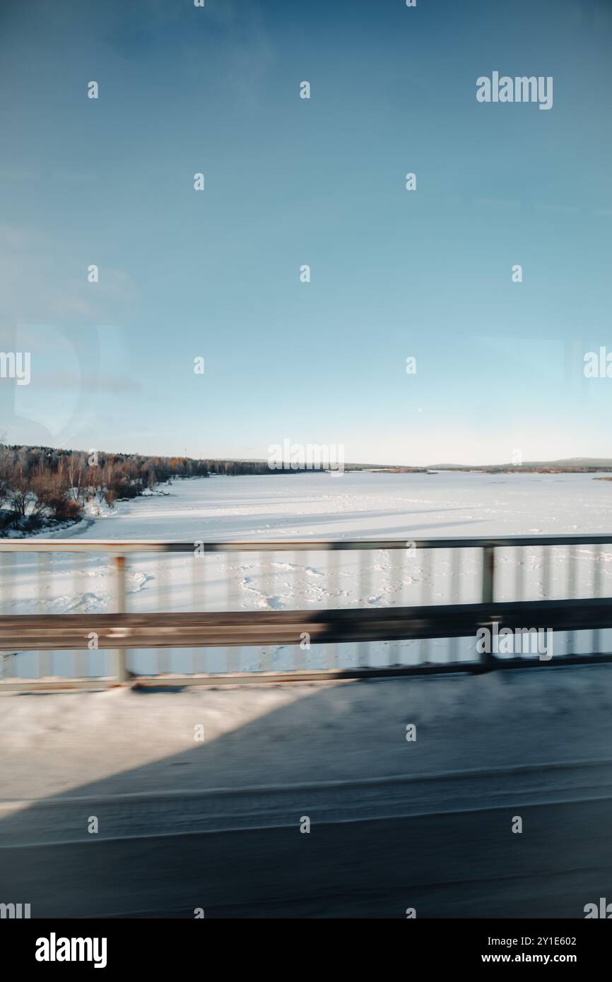 Frozen Ounasjoki river view from bus window in Rovaniemi, Lapland Stock ...