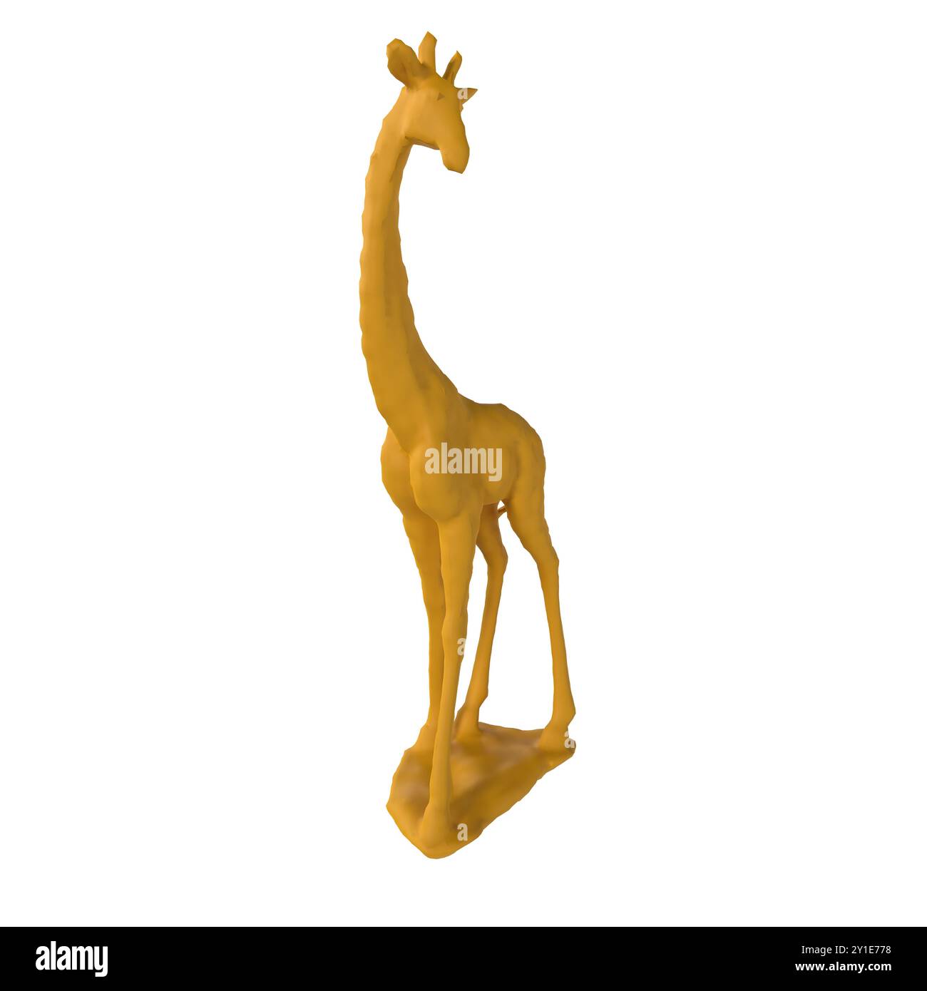 A yellow giraffe stands upright, showcasing its elongated neck and legs ...