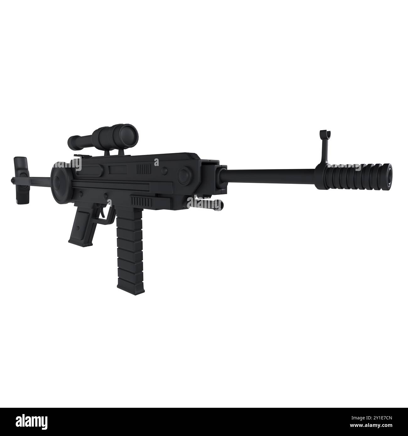 A detailed 3D rendering showcases a modern tactical rifle equipped with ...