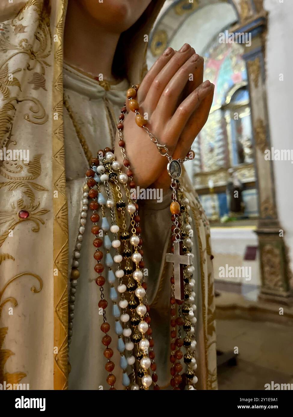 Closeup of Hands, Statue of the Virgin Mary with Rosary Beads, The ...