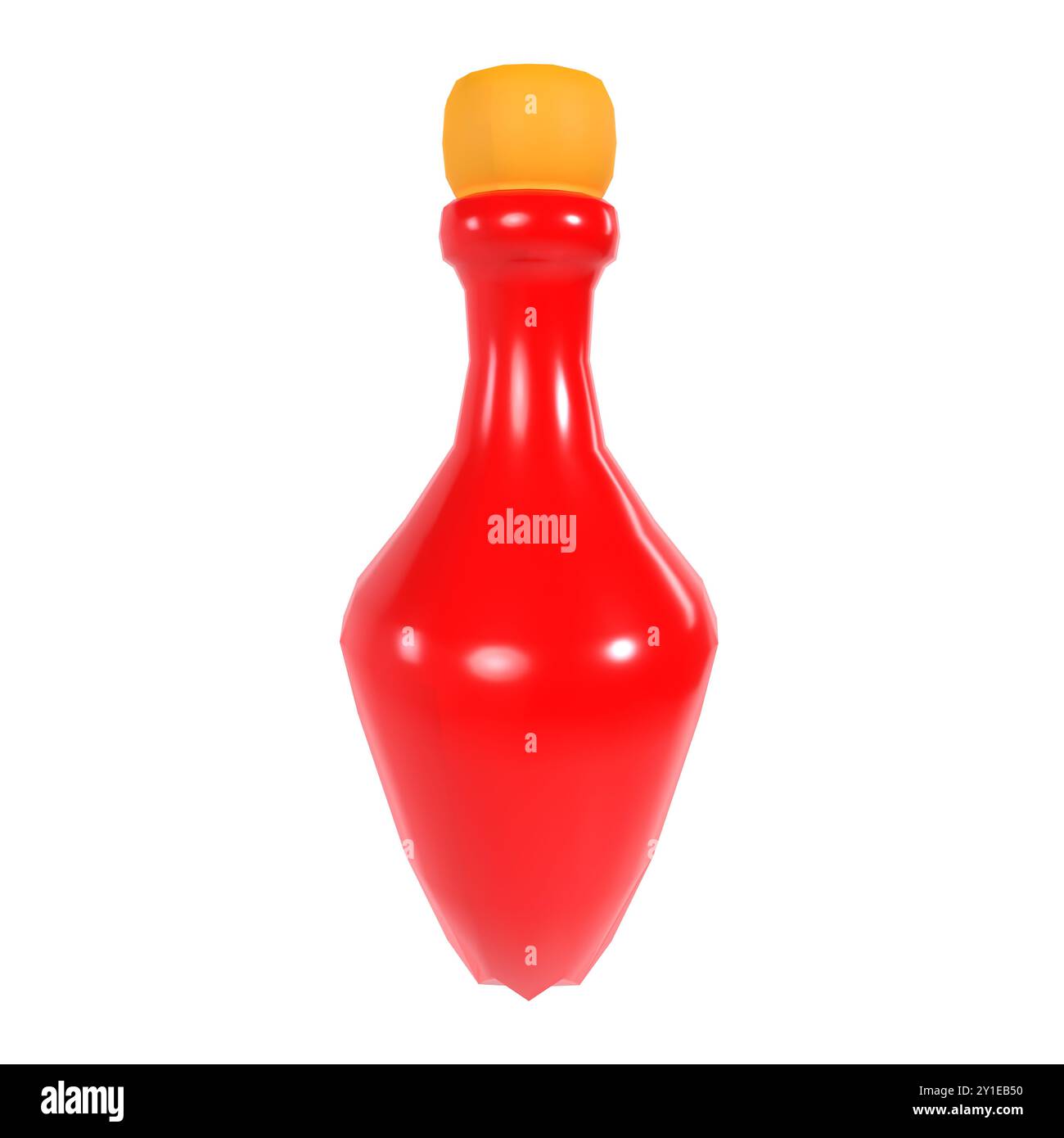 A red ketchup bottle with a distinctive yellow cap is presented in a 3D ...