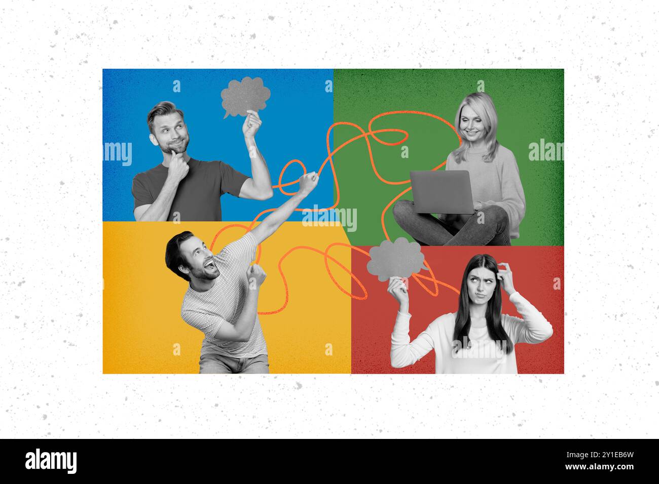 Collage sketch image of young people chatting modern gadget connection ...