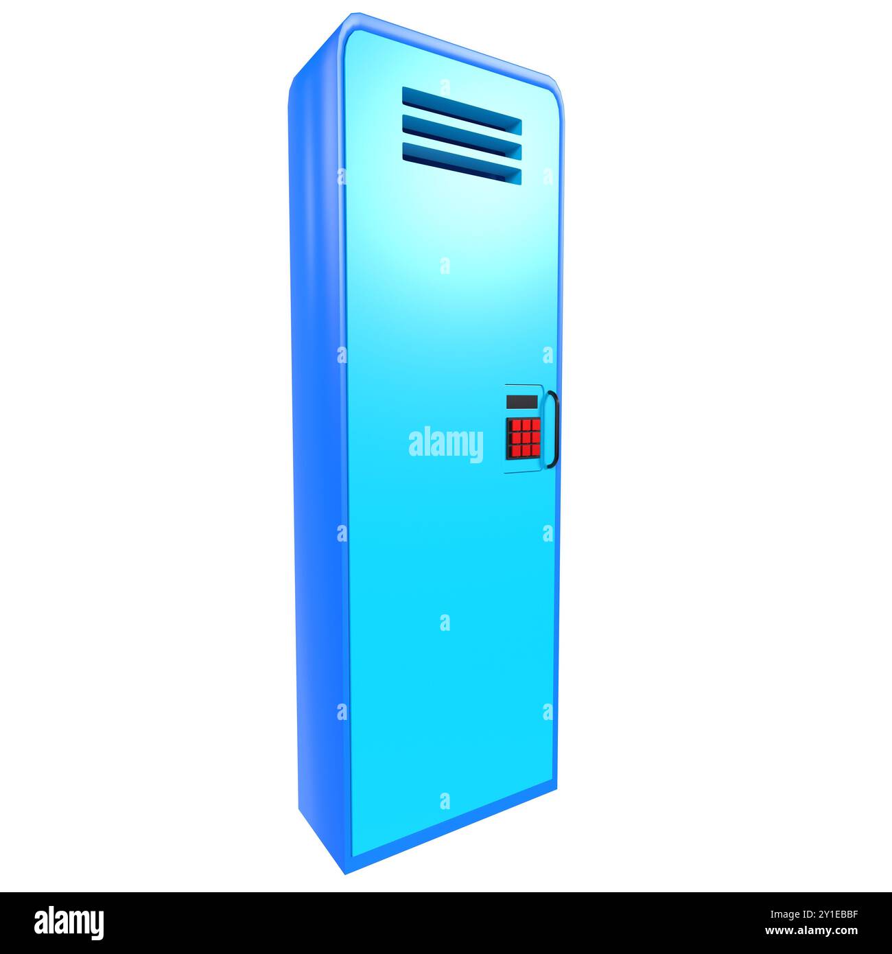 A tall blue locker with a keypad stands prominently in a minimalist ...