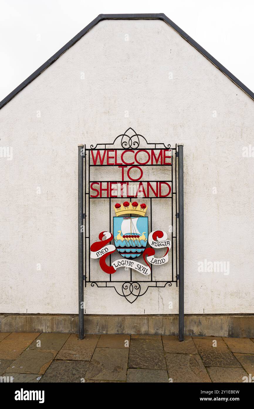 Lerwick, Scotland - July 12, 2024: Welcome to Shetland sign with the ...