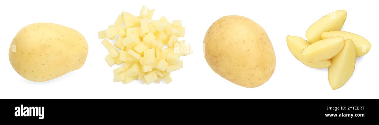 Fresh potatoes isolated on white, set. Different types of cuts and ...