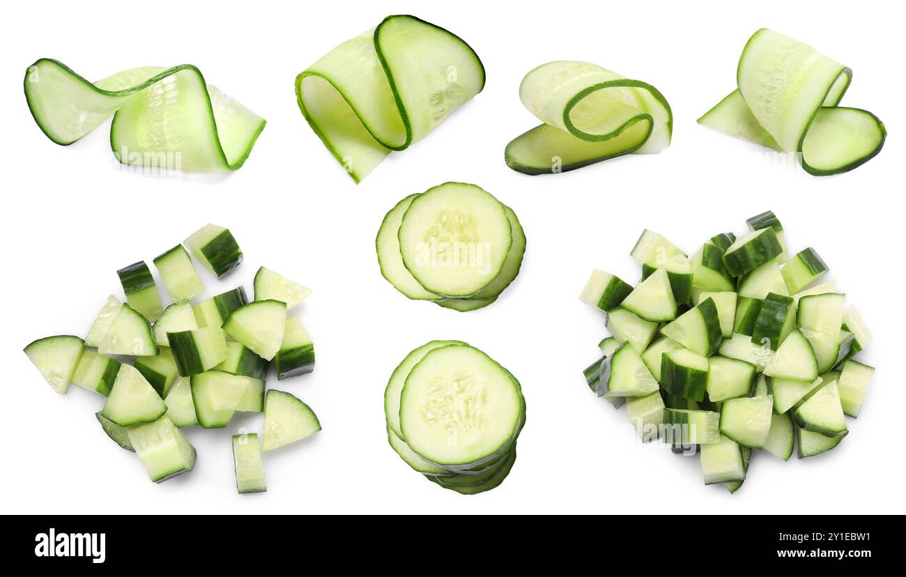 Fresh cucumbers isolated on white, collage. Different types of cuts ...