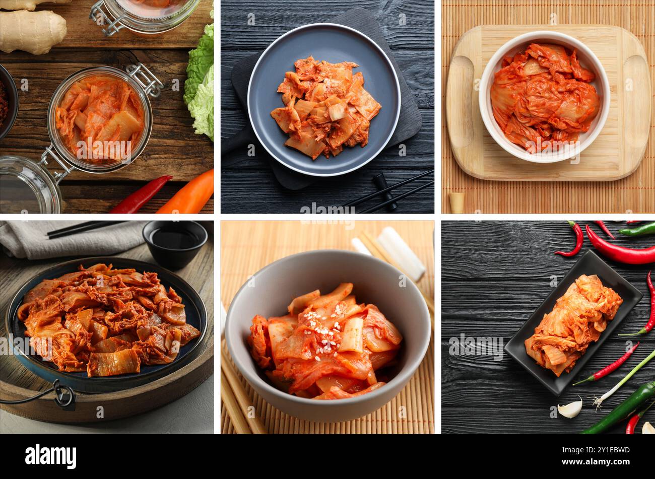 Delicious kimchi of Chinese cabbage, collage of photos. Traditional ...