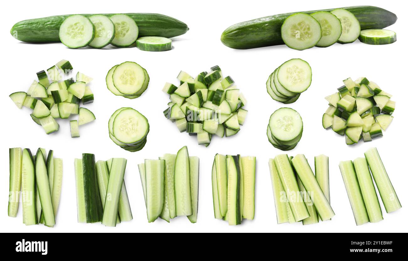 Fresh cucumbers isolated on white, collage. Different types of cuts ...