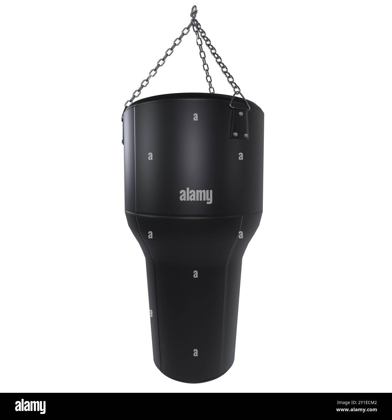 A black punching bag hangs from a sturdy chain, designed for training ...