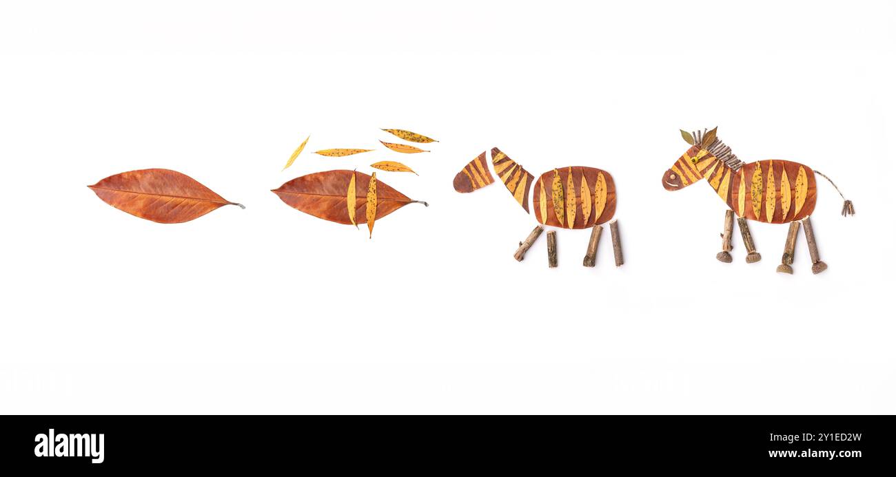 Sequence of four steps artistic using leaves, whole leaf, body shape ...