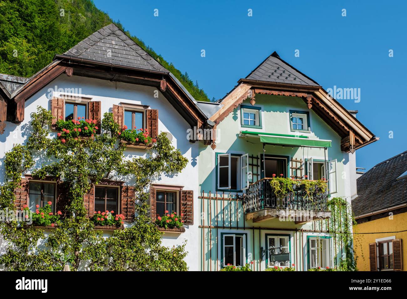 Colorful buildings adorned with blooming flowers line the streets of ...