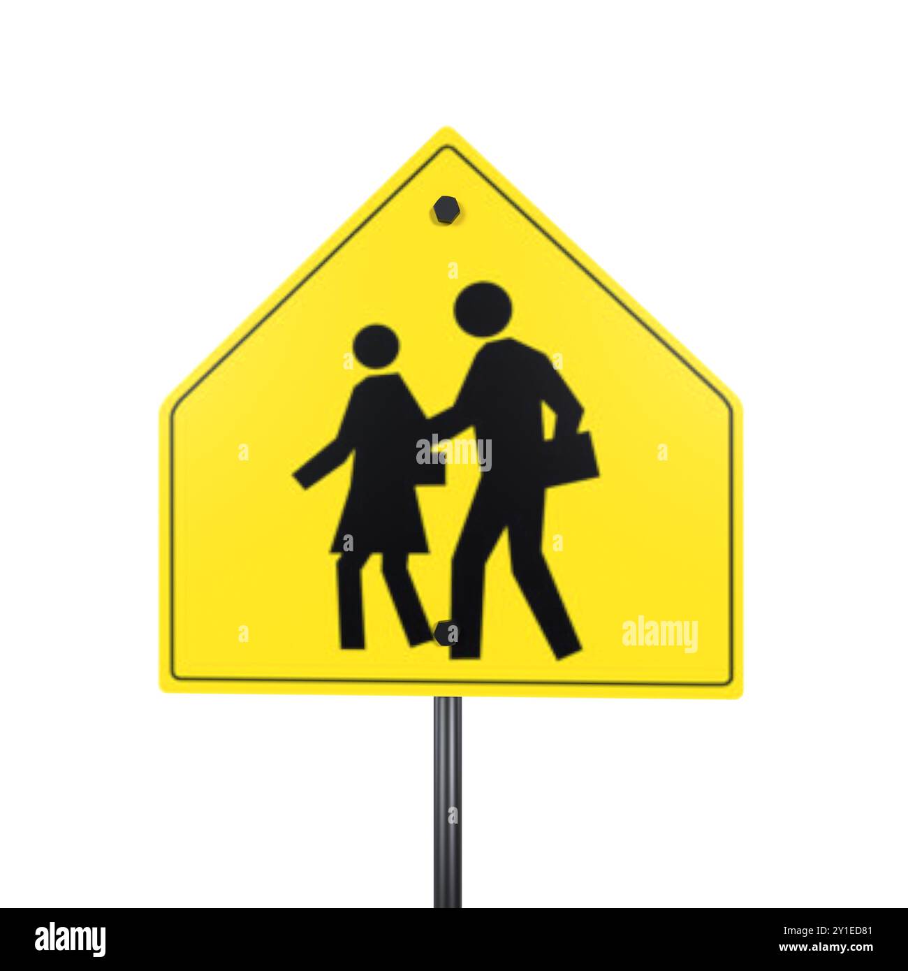 A yellow triangular sign shows two pedestrians walking, indicating a ...