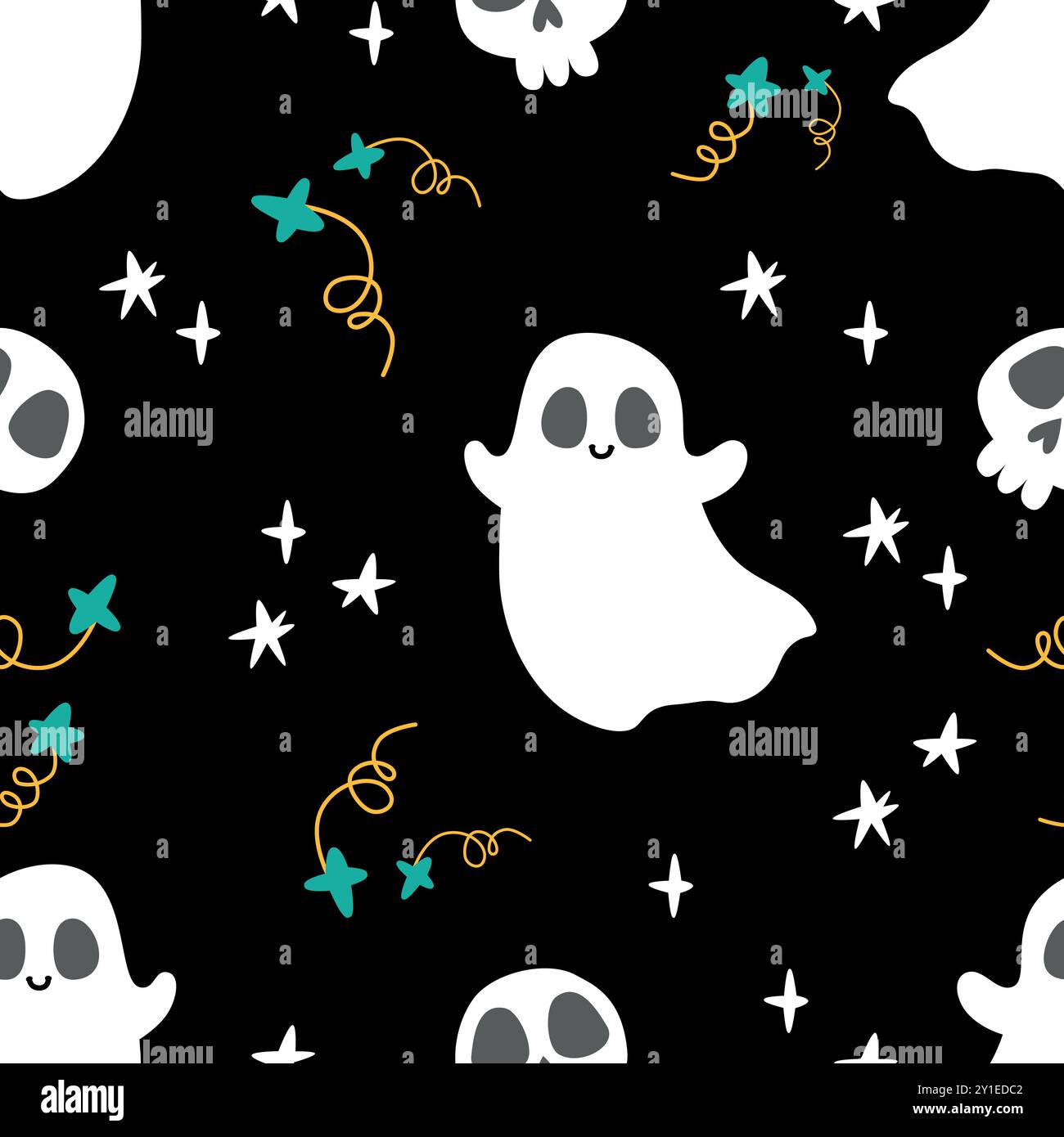 Halloween ghost pattern features a flat style with various iconic ...