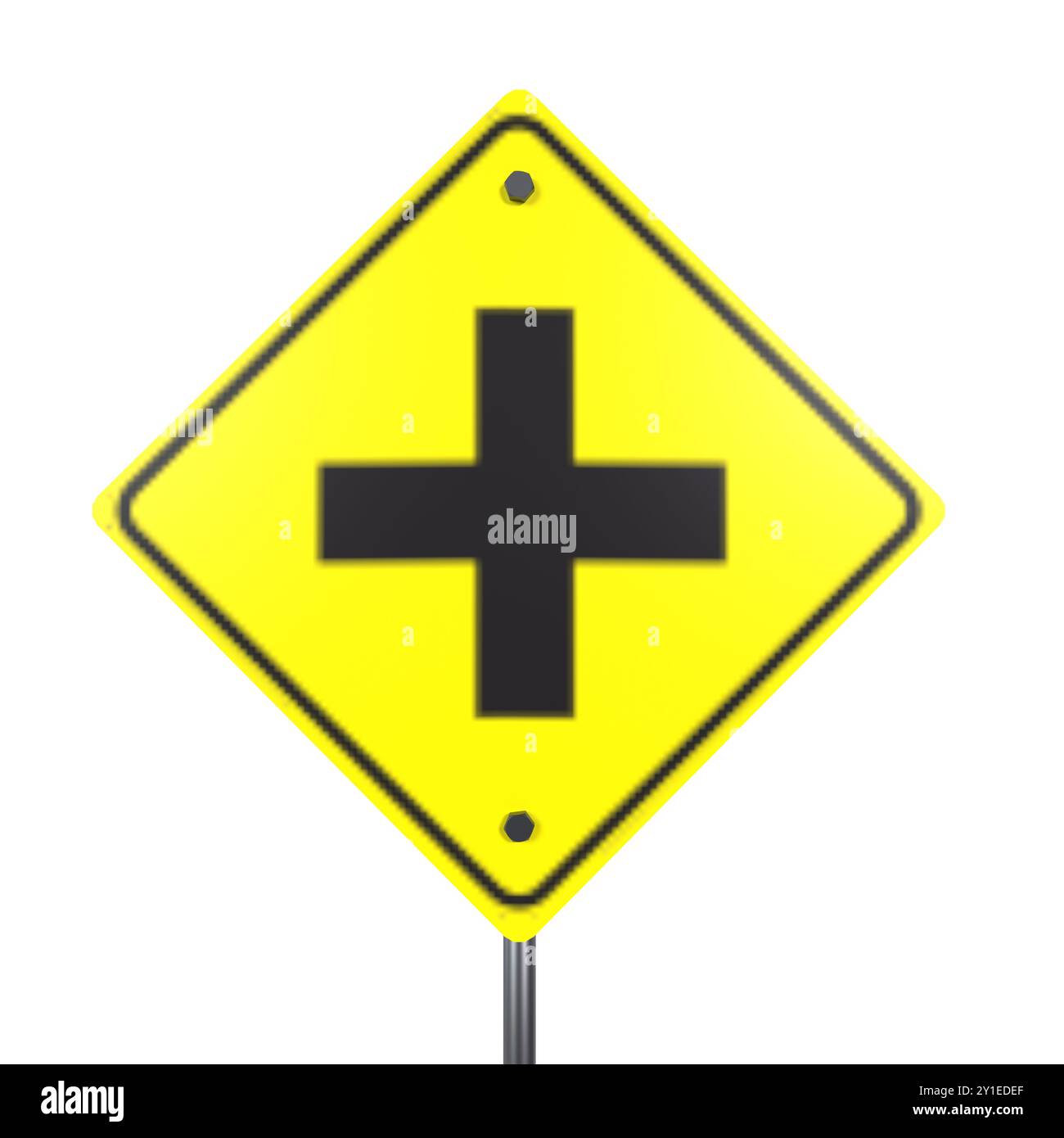 A bright yellow traffic sign displays a bold black cross shape ...
